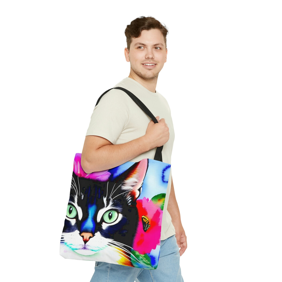 Tote Bag All Over Print Tuxedo Cat 695 Flowers Butterfly Digital AI art ...