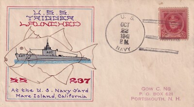 1941 USS Trigger SS-237, Launched to Portsmouth, NH Gow Ng cachet ...