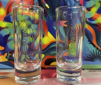 Hornitos Tall Tequila Clear Shot Glasses Set Of 2 Embossed Logo New | eBay