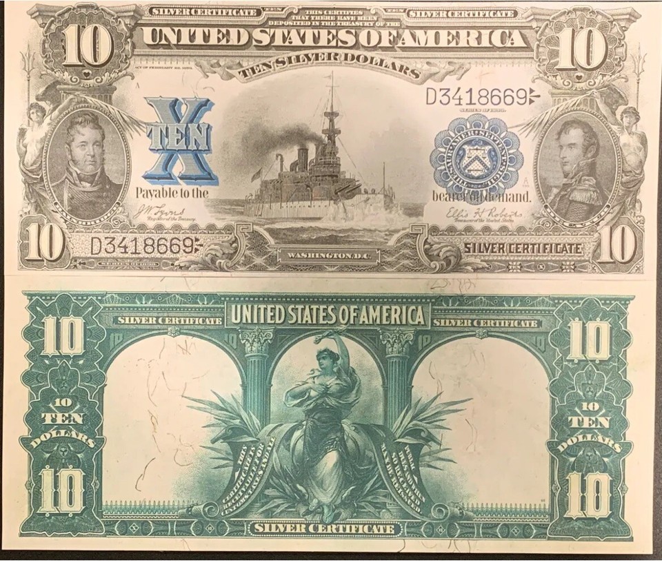 Reproduction $10 1899 Silver Certificate Battleship $10 1901 US Note ...