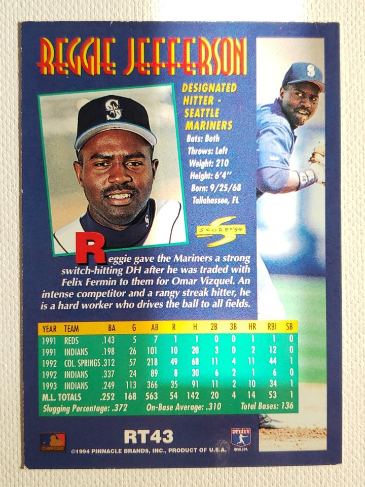 1994 Score Reggie Jefferson Autograph Card Mariners, Red Sox, Indians ...