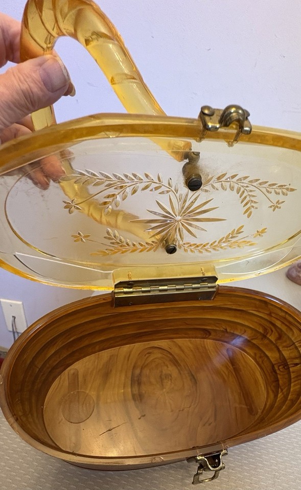 50s vintage Lucite Plastic Box Purse Clear Honey Amber Reverse Carved ...