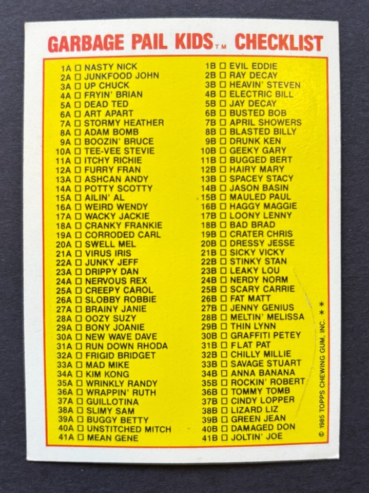 1985 OS1 GPK USA Garbage Pail Kids Series 1 GLOSSY SINGLES Complete ...