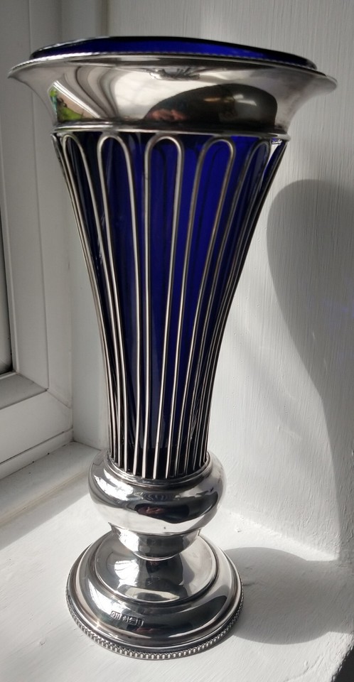 Elegant Antique Edwardian Sterling Silver and Blue Glass Trumpet Vase ...