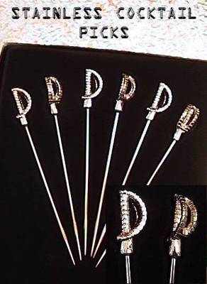 6 SWORD 4" Cocktail Picks MARTINI SHAKER OLIVE food grade STAINLESS ...