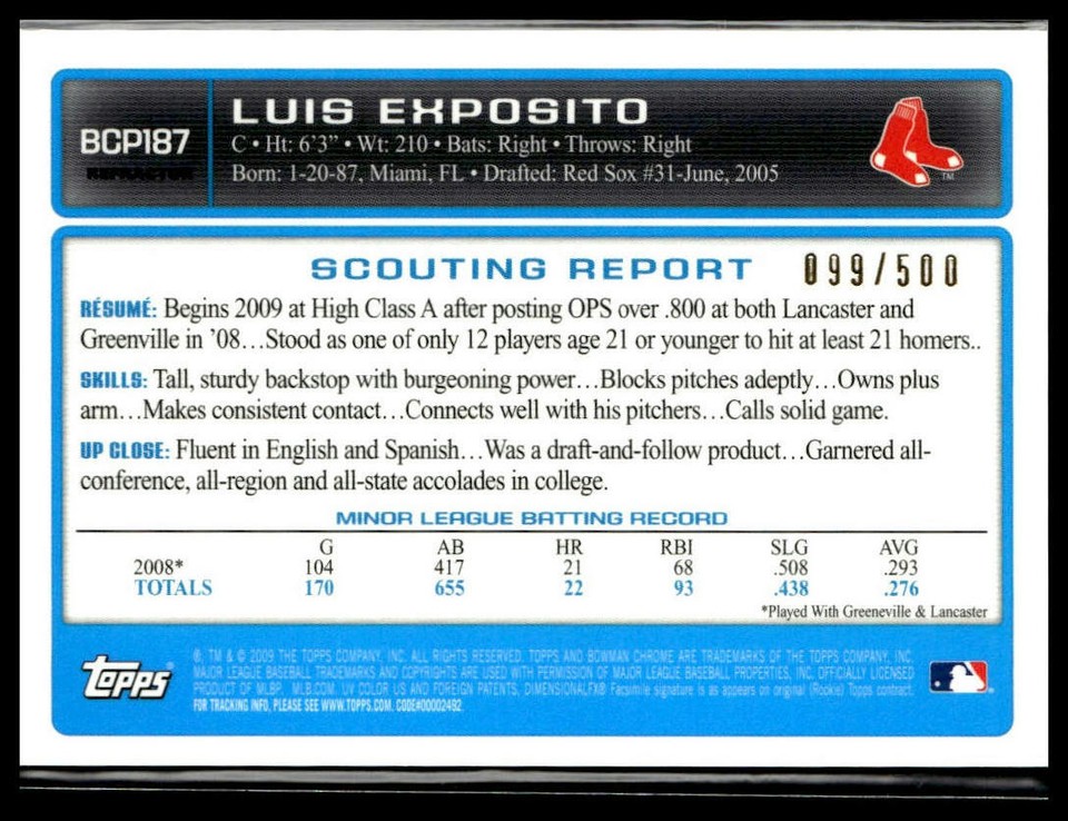 Luis Exposito 2009 Bowman Chrome Card /500 #BCP187 | eBay