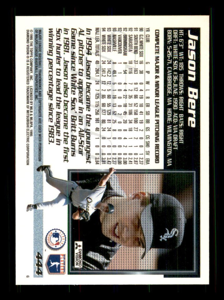 1995 Baseball Topps Jason Bere Chicago White Sox #444 | eBay