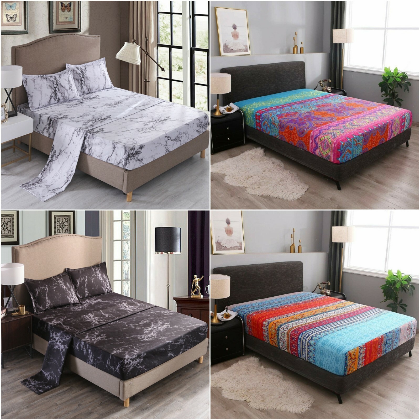 4 Piece Bed Sheet Set Microfiber Deep Pocket Fitted/Flat Sheet ...