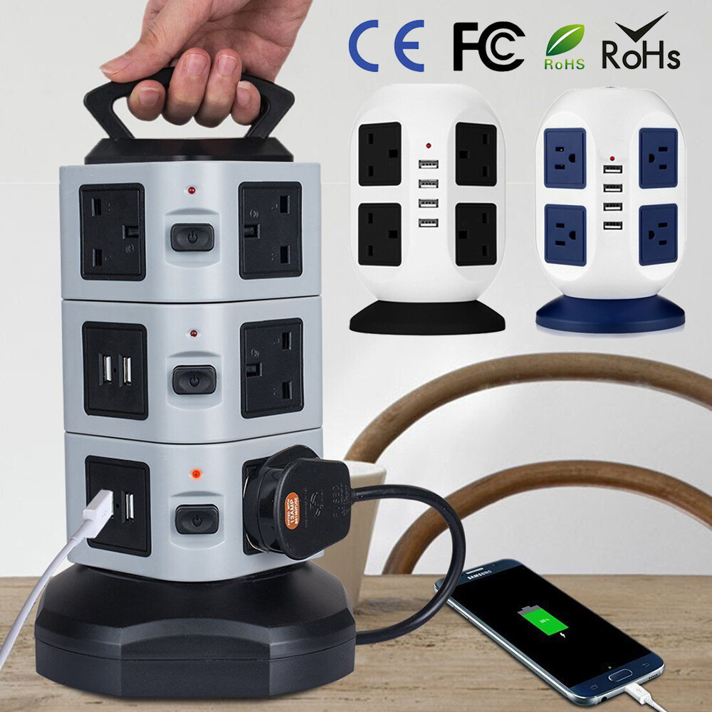 3M Tower Extension Lead 8 Way 10 Way Socket 4 USB Indicator Surge ...