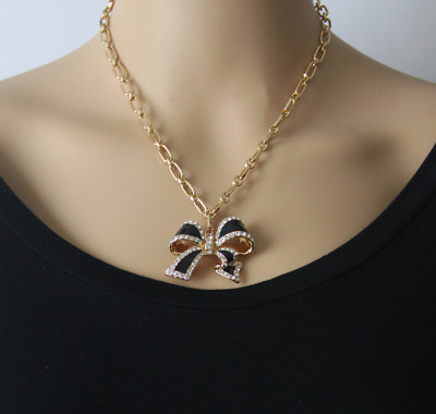 Bow Black Epoxy 18K Yellow Gold Plating Clear Crystals Fashion Chain ...