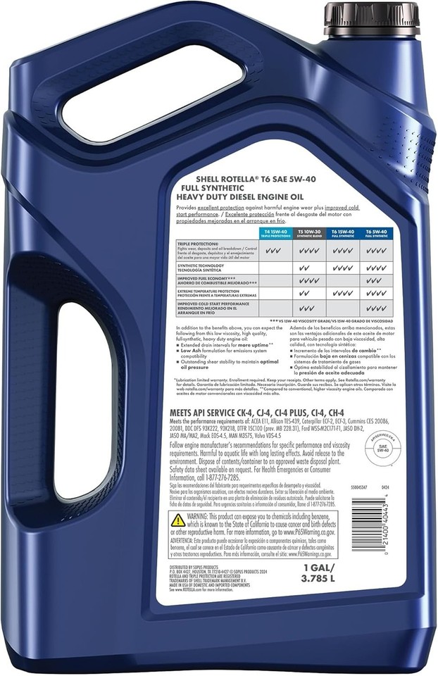 (3 pack) Shell Rotella T6 Full Synthetic 5W-40 Diesel Engine Oil, 1 ...