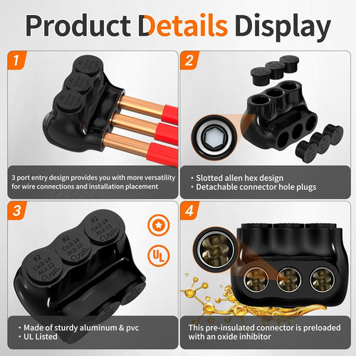 3 Port Aluminum Copper Wire Connector 2-14 AWG Insulated Multi Tap 6 ...