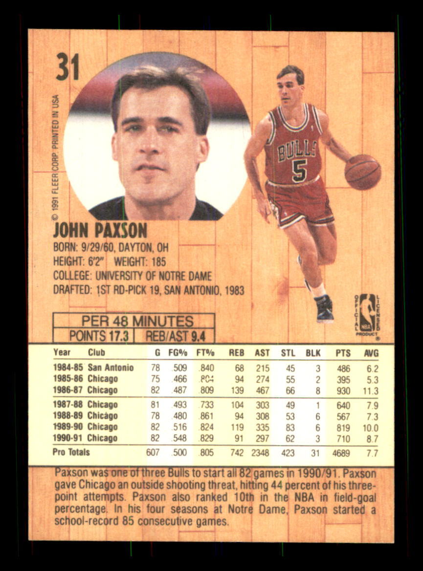 1991 Basketball Fleer John Paxson Chicago Bulls #31 | eBay