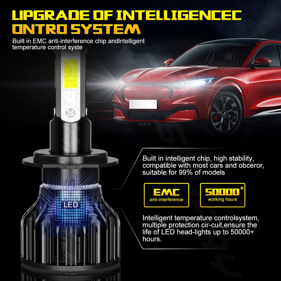 4-Sides H7 10000K LED Headlight Kit Combo Bulbs High Low Beam Super ...