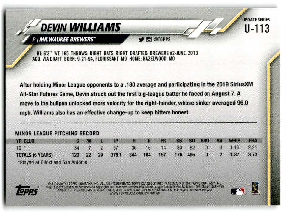 2020 Topps Update Devin Williams Rookie Milwaukee Brewers #U-113 | eBay