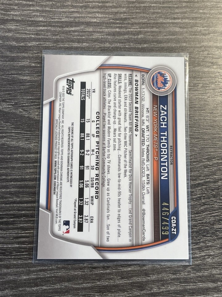 2023 Bowman Chrome Draft Zach Thornton 1st Prospect Refractor Auto /499 NY Mets | eBay