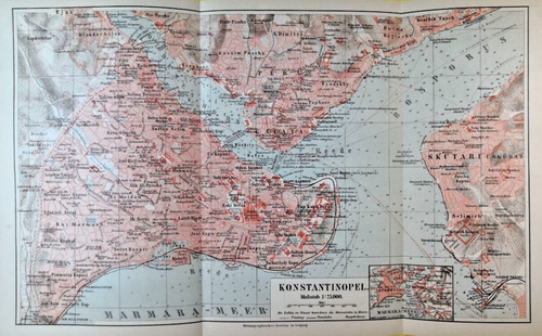 1897 Constantinople City Istanbul ORIG Vintage Geographical Map 16 x 9. ...