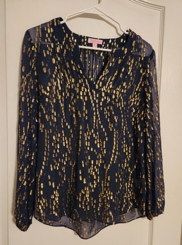 EUC Lilly Pulitzer Colby True Navy Gold Bubble Clip Dot Jacquard Blouse ...