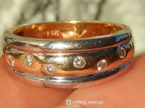 14K WHITE & YELLOW GOLD DIAMOND FLOATING GYPSY SET BEZEL 7MM WIDE BAND ...