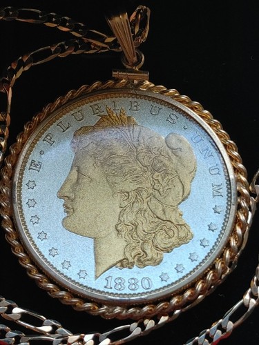 1880 Gilded Morgan Silver Dollar Pendant & 24" 18kgf Gild chain W COA ...