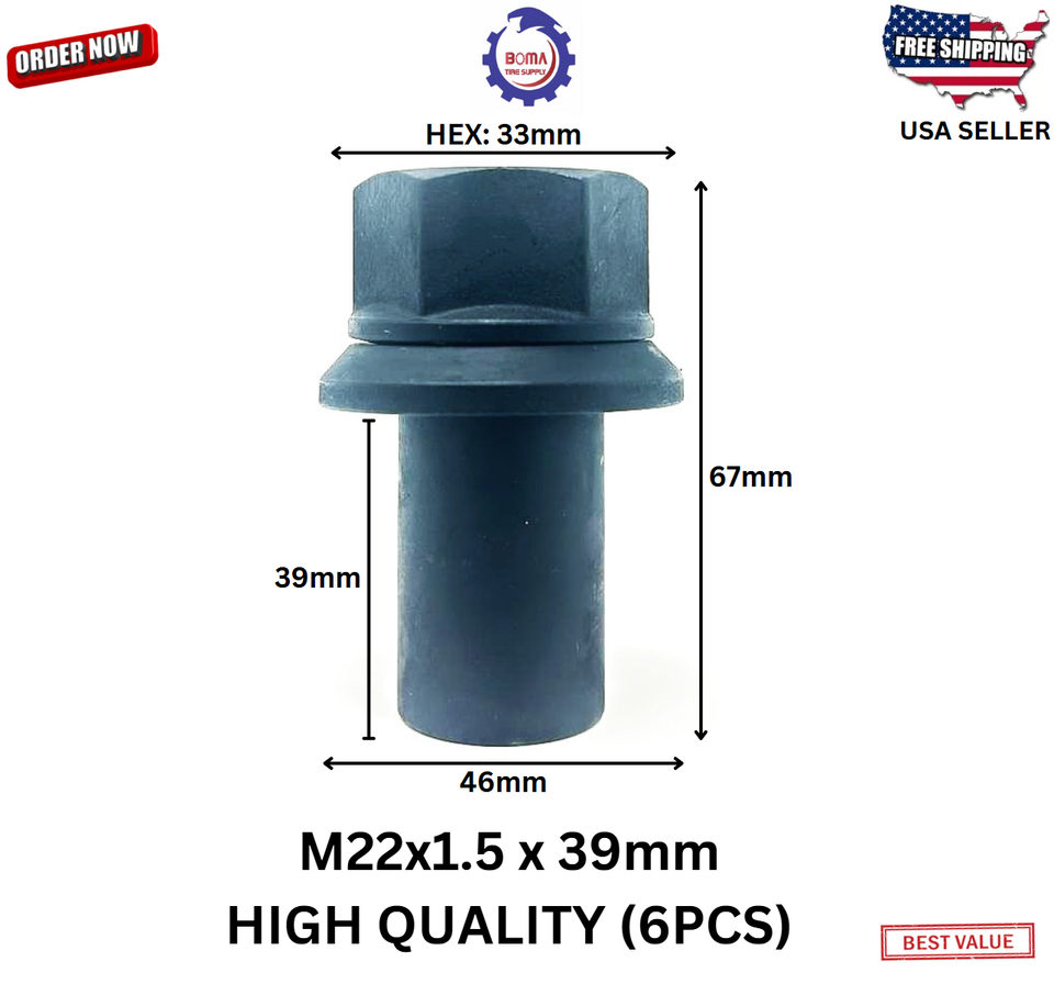 6 Pack 33mm M22-1.5 x 39mm Sleeve Wheel Lug Nut M22-1.5x39mm Skirt ...