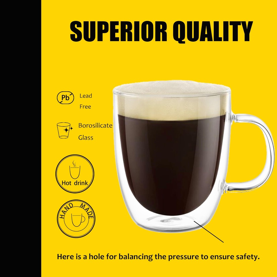 17oz.500ml Large Glass Coffee Mug Set of 2 Clear Mugs Double Walled ...