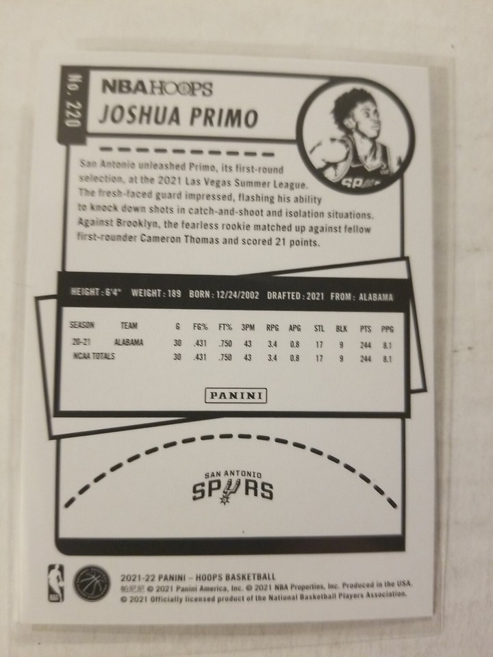 2021-22 RC Joshua Primo San Antonio Spurs Rookie Card Panini NBA Hoops ...
