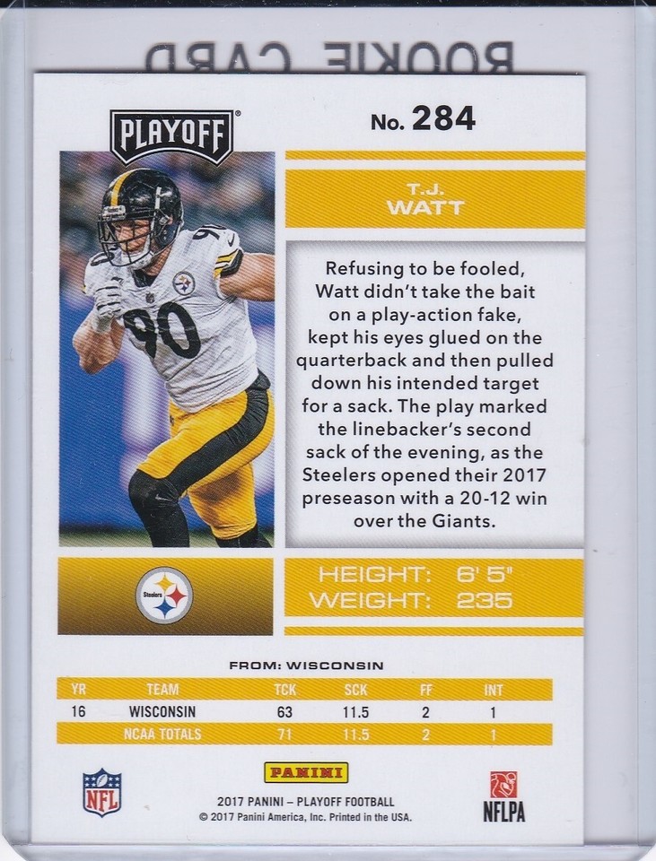 T.J. WATT ROOKIE CARD 2017 Playoff TJ Pittsburgh Steelers GOAL LINE ...