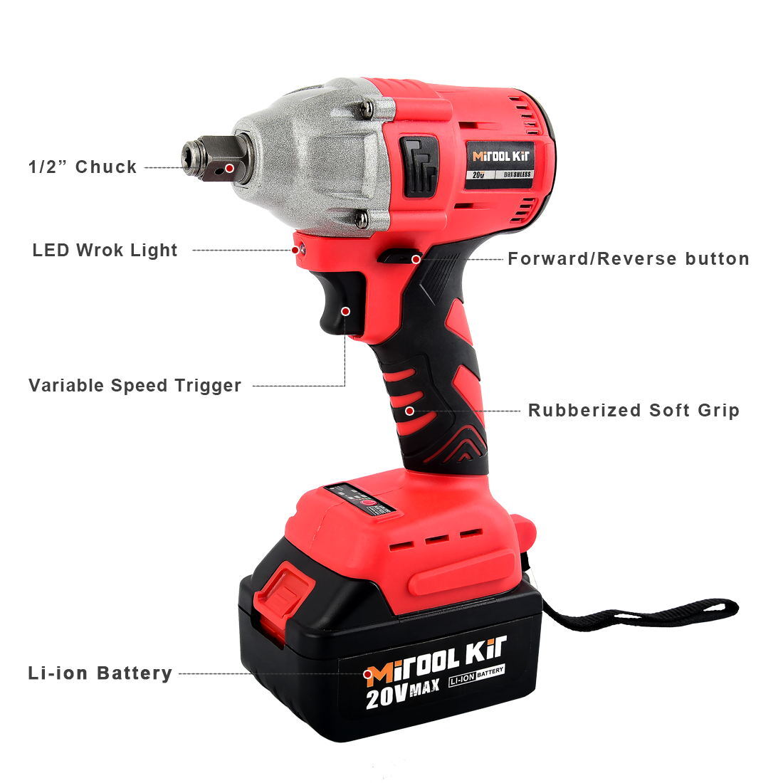Cordless Electric Impact Wrench Gun 1/2'' High Power Driver with Li-ion ...