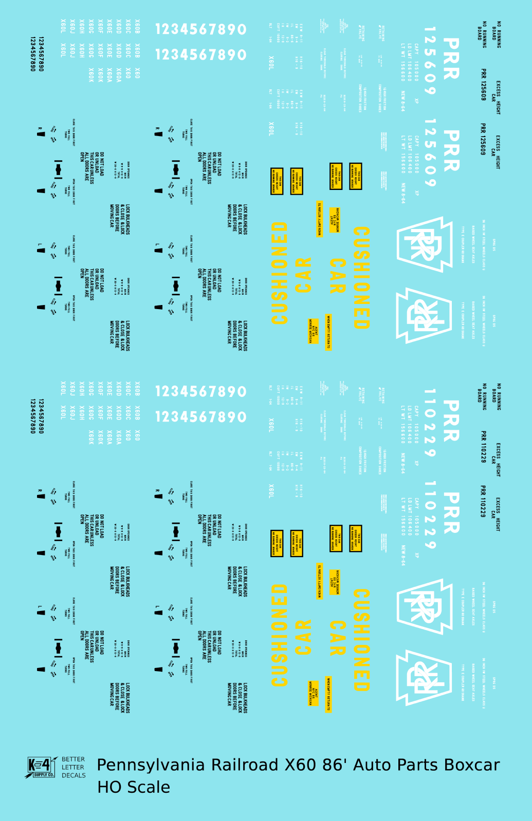 K4 HO Scale Decals Pennsylvania Railroad PRR X60 86 Ft Auto Parts ...