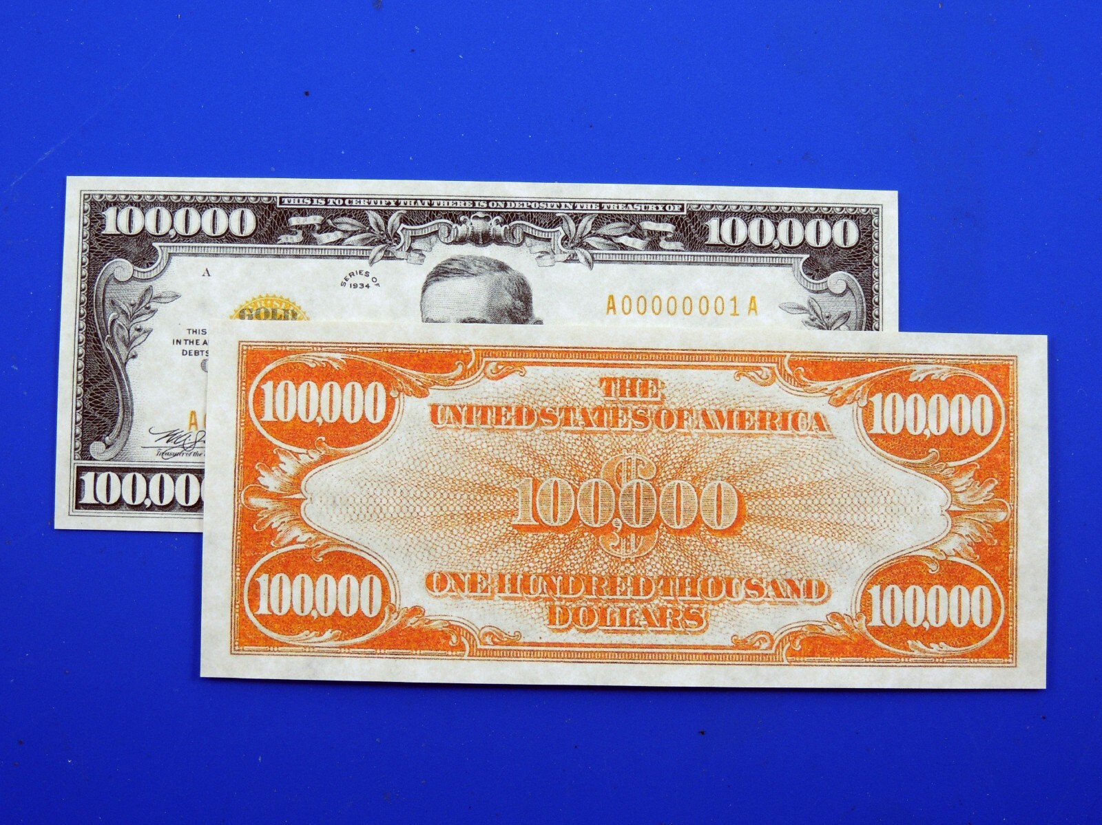 Reproduction $100,000 1934 Gold Certificate US Paper Money Currency ...
