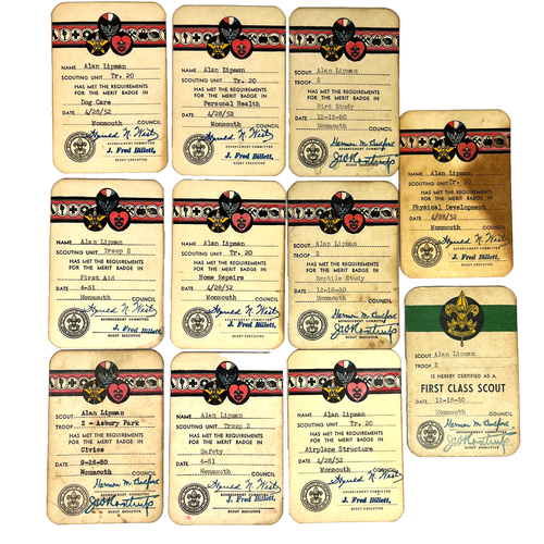 11 1950's Boy Scouts of America BSA merit badge cards certificates Alan ...