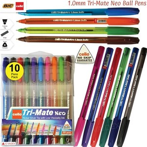 BIC CELLO Neo Tri-mate 10 x MIXED COLOUR Biro Ball Point Pens Assorted ...