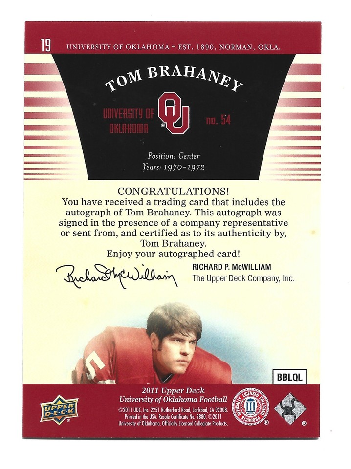 Tom Brahaney AUTOGRAPH 2011 Upper Deck University of Oklahoma Sooners ...