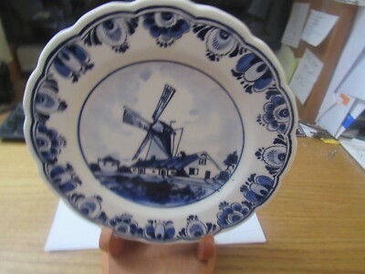 (2) Vintage 7" Delft Windmill on White plate Handworked & Signed-1 Pink ...