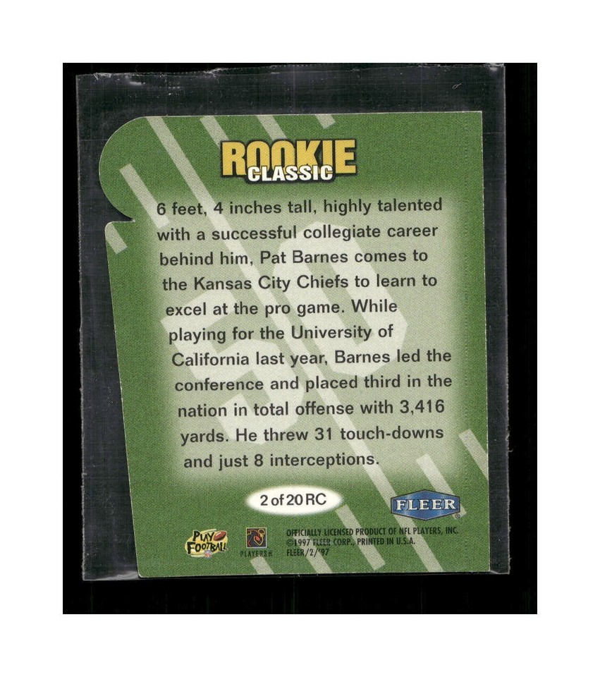 1997 Fleer Goudey II Rookie Classic Pat Barnes #2RC Rookie RC FOOTBALL ...
