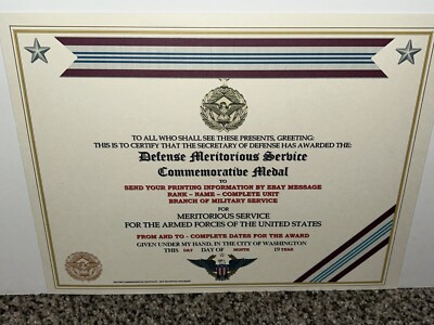 DEFENSE MERITORIOUS SERVICE MEDAL COMMEMORATIVE CERTIFICATE ~ W ...