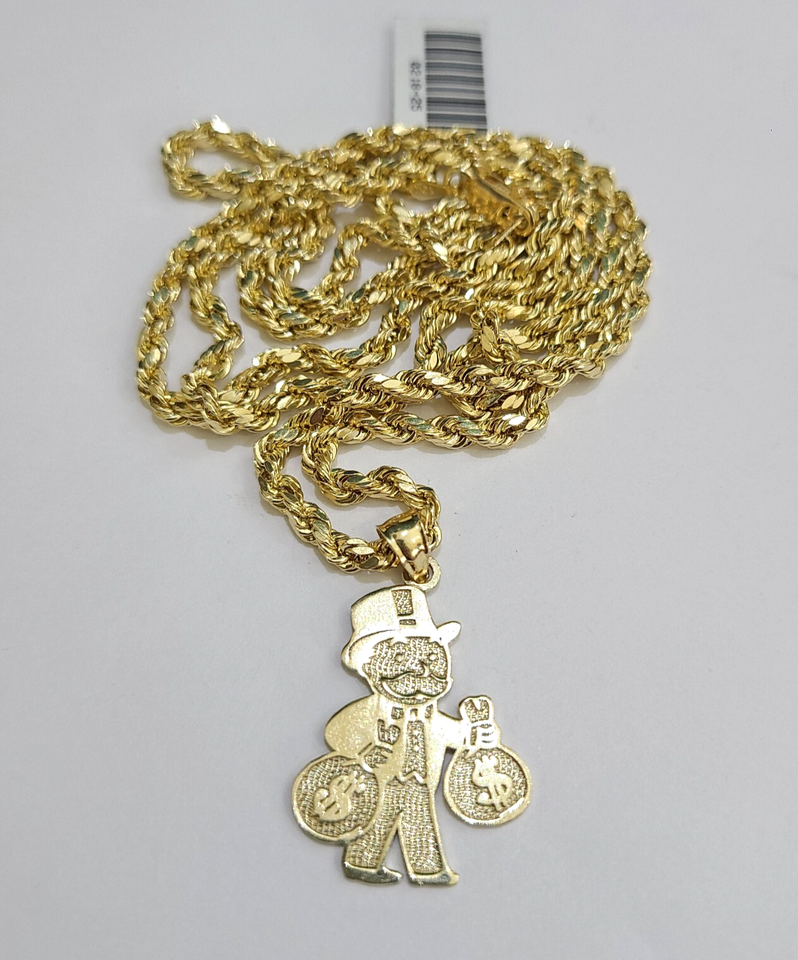 REAL 10k Grandpa Money Bag Charm Rope Chain Pendant 3mm Necklace Set 18 ...