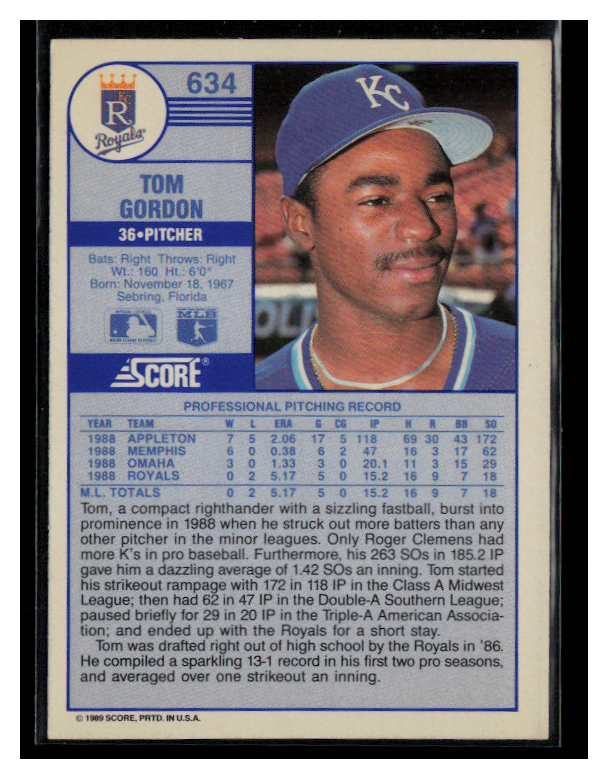 1989 Score #634 Tom Gordon Rookie RC | eBay