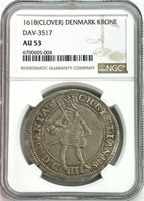 1618 (CLOVER) SILVER DENMARK KRONE CHRISTIAN IV COIN NGC ABOUT UNC 53 ...