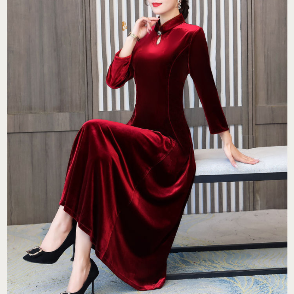 Retro Lady Chinese Velvet Cheongsam Dress Soft Loose Pleuche Elegant ...