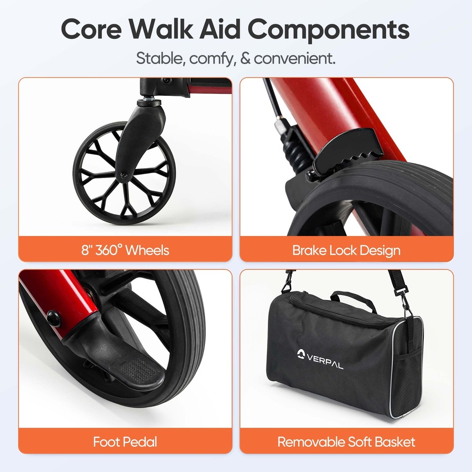 VERPAL Folding Rollator Walker Aluminum Rolling Walker 350LB Capacity 8 ...