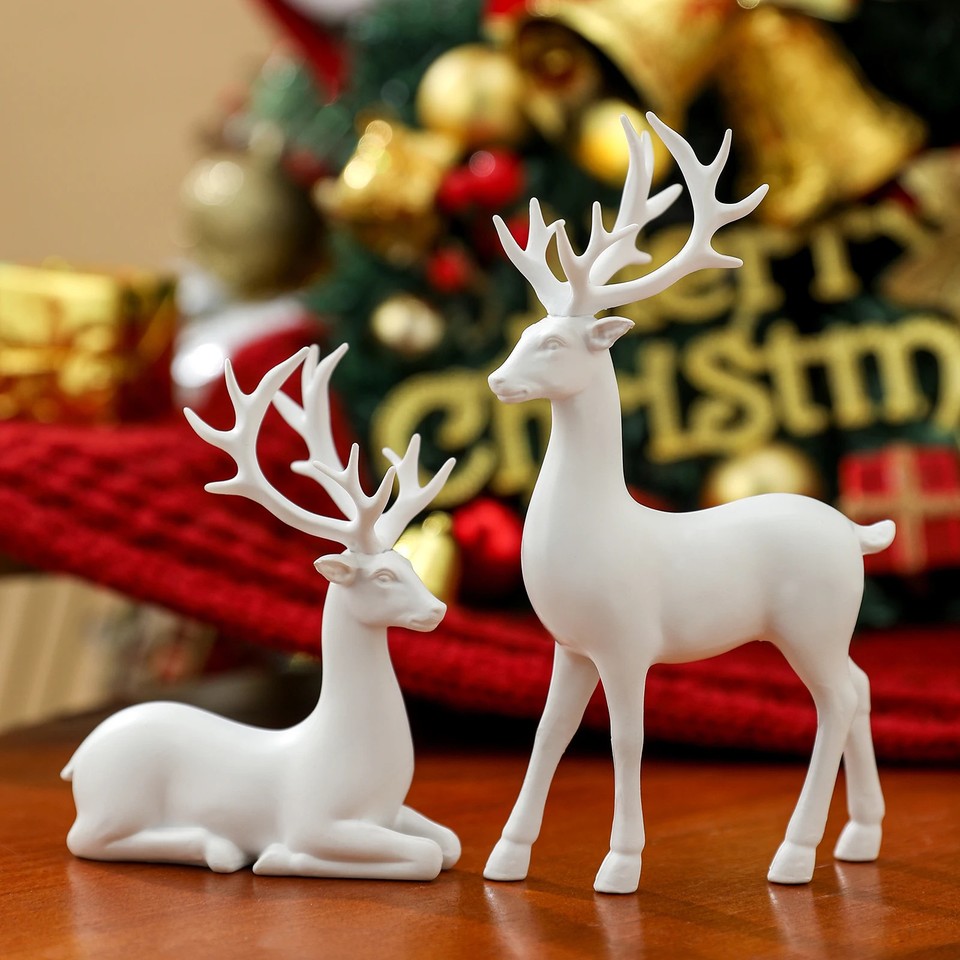 2 Pcs Christmas Reindeer Decor Resin Standing Sitting Deer Figurine ...