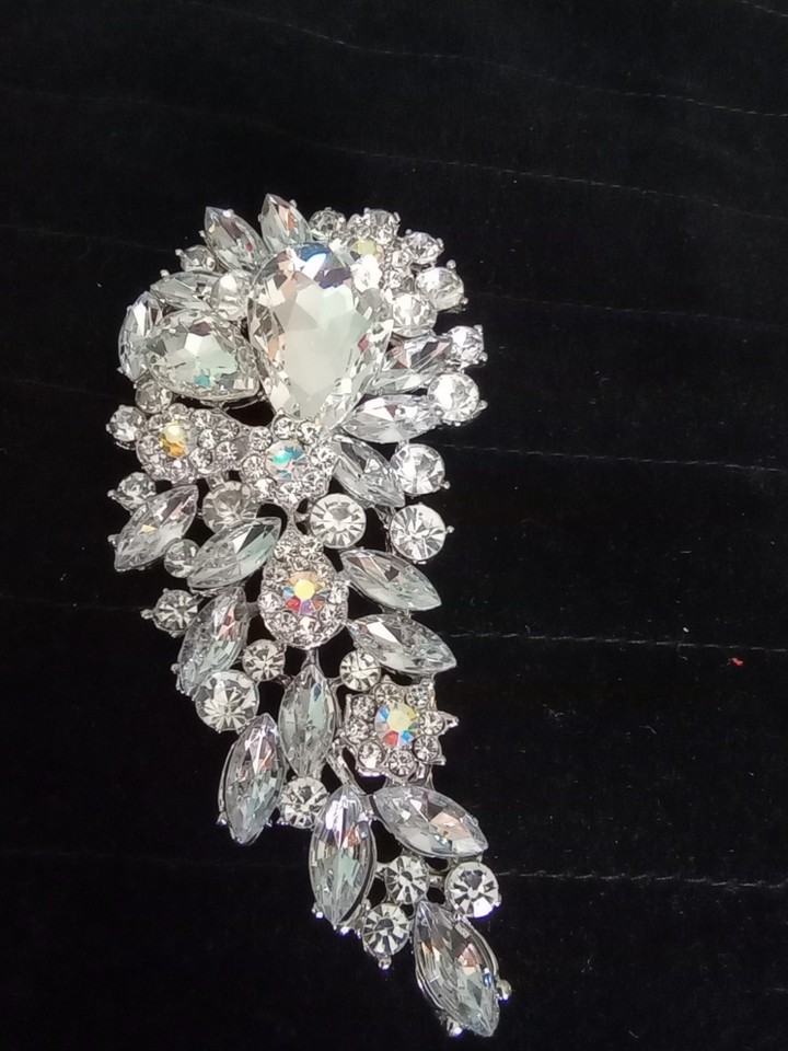 Vintage Large Clear Rhinestone Waterfall Brooch Silver Tone 4-1/2" x 2 ...