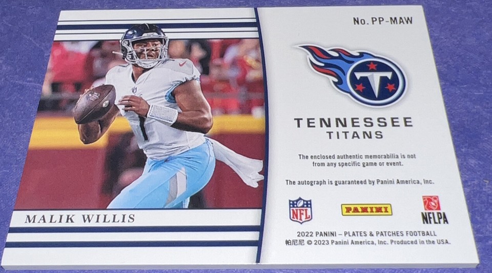 2022 Panini Plates And Patches Auto Malik Willis / 99 RPA Titans Patch ...