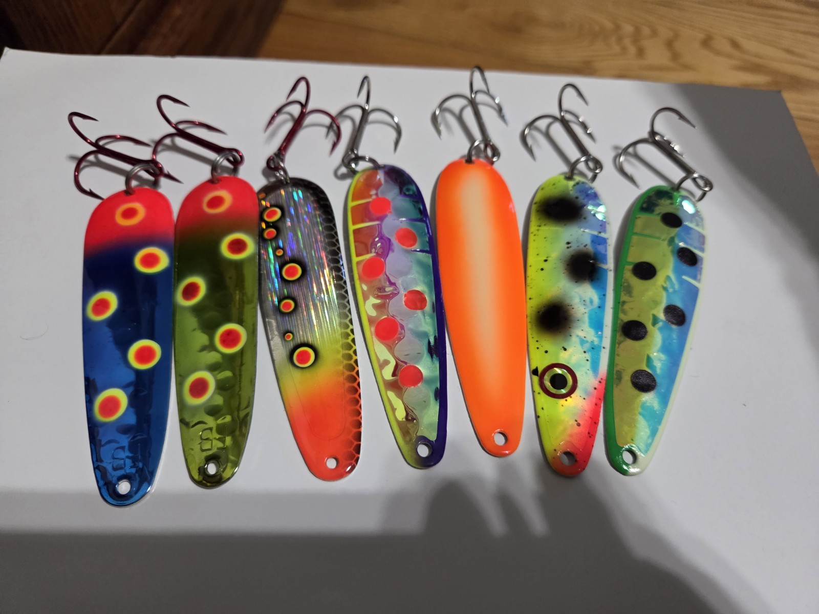 Moonshine Lot of 7 Trolling Spoons Salmon Trout standard and fuzzy bear ...