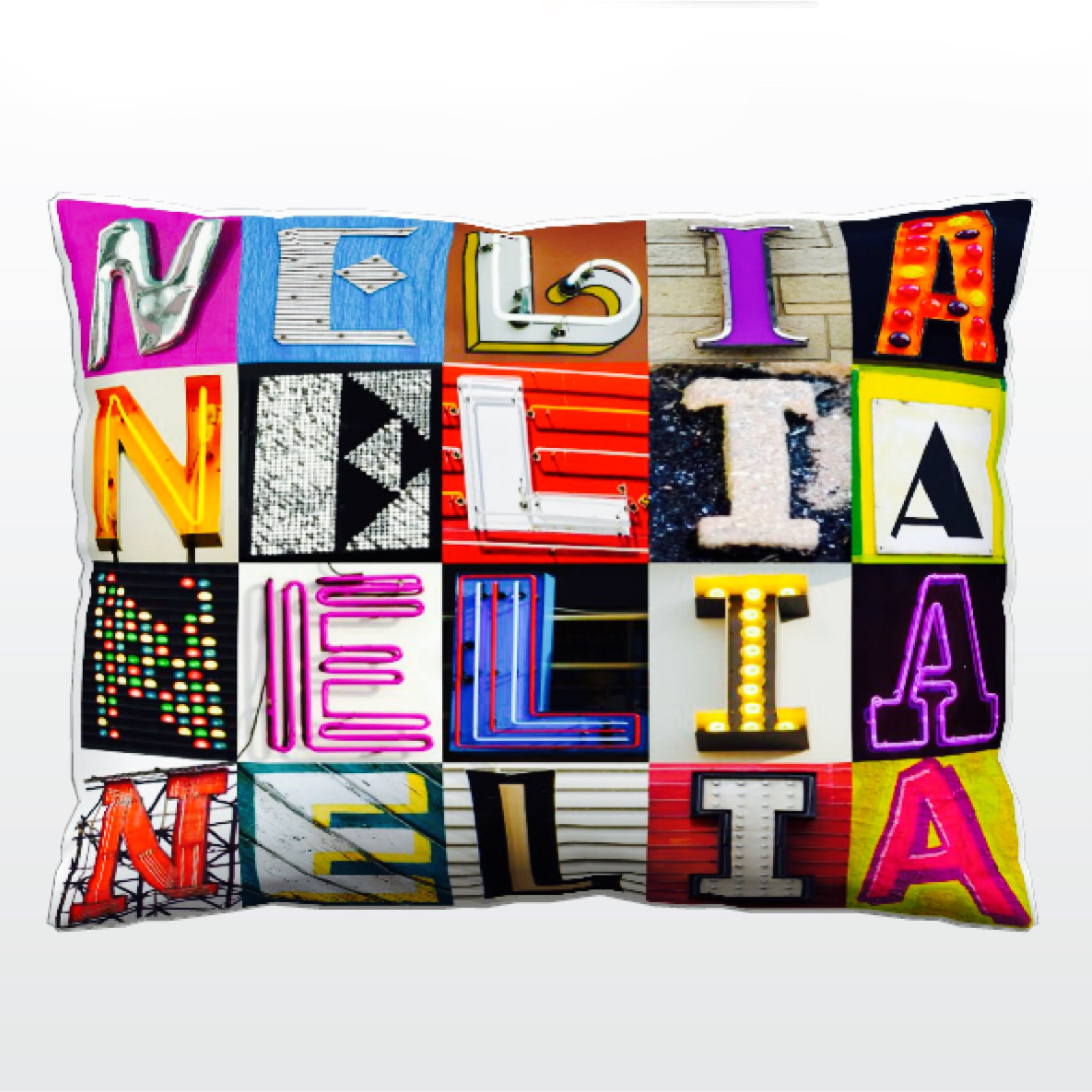 Personalized Pillow featuring the name NELIA in photos of sign letters ...