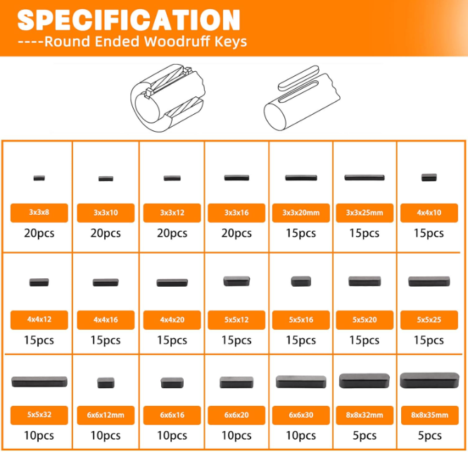 530Pcs Woodruff Key Assortment Kit | 37 Sizes Half Moon & Feather Keys ...