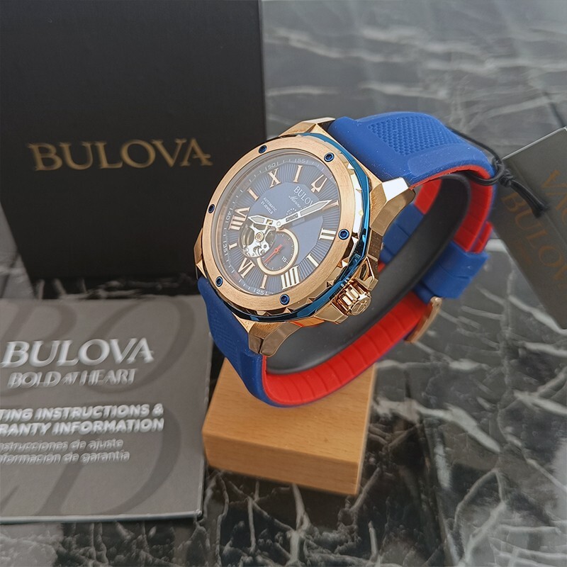 Bulova Marine Star Blue/Gold Dial Rubber Men's Automatic 98A227 Watch ...