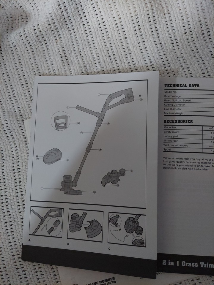 Worx 2 In 1 Grass Trimmer Manual Only WG150, WG150.1, WG150.2, WG160.3 ...